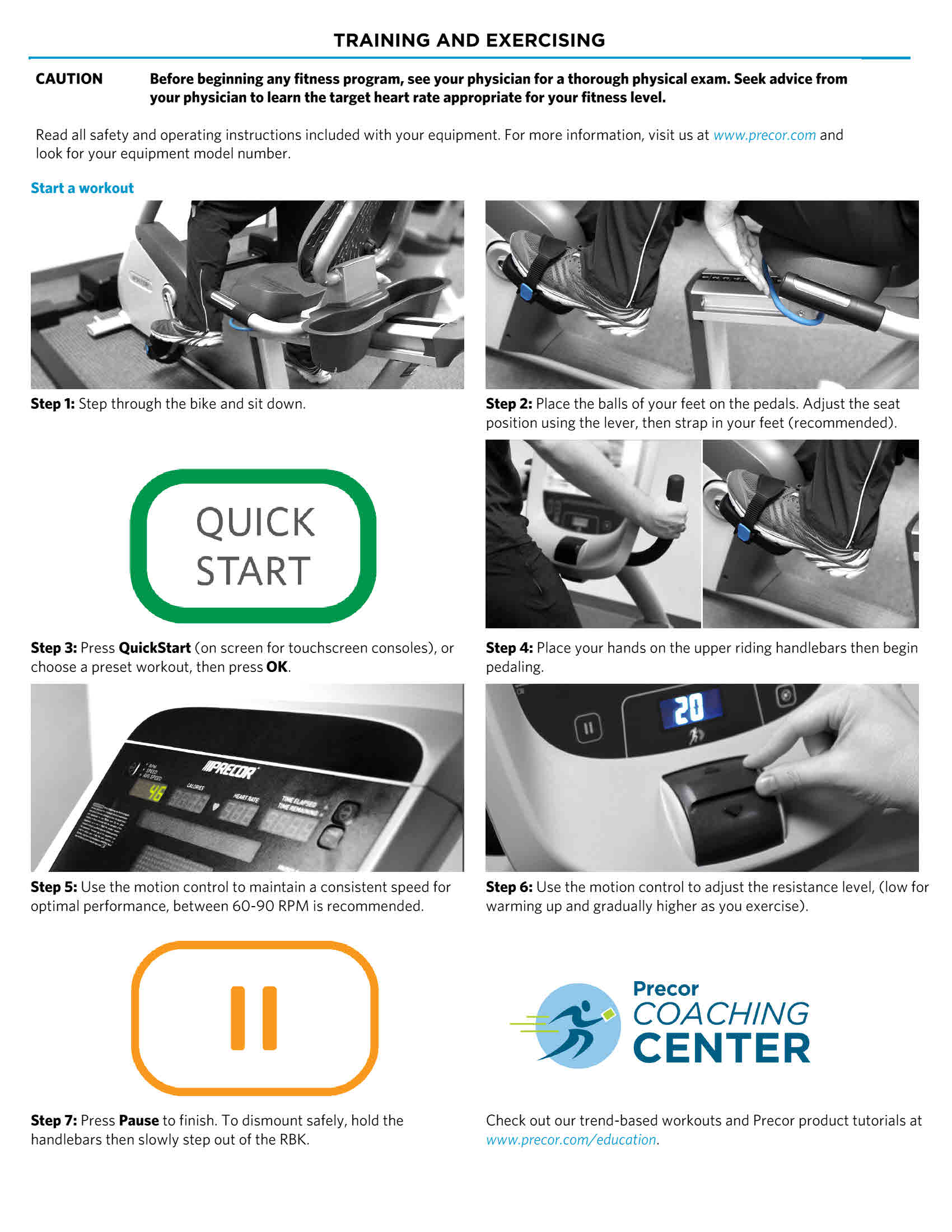 Precor Experience™ Series 800 Line Recumbent Bike, User Guide ...